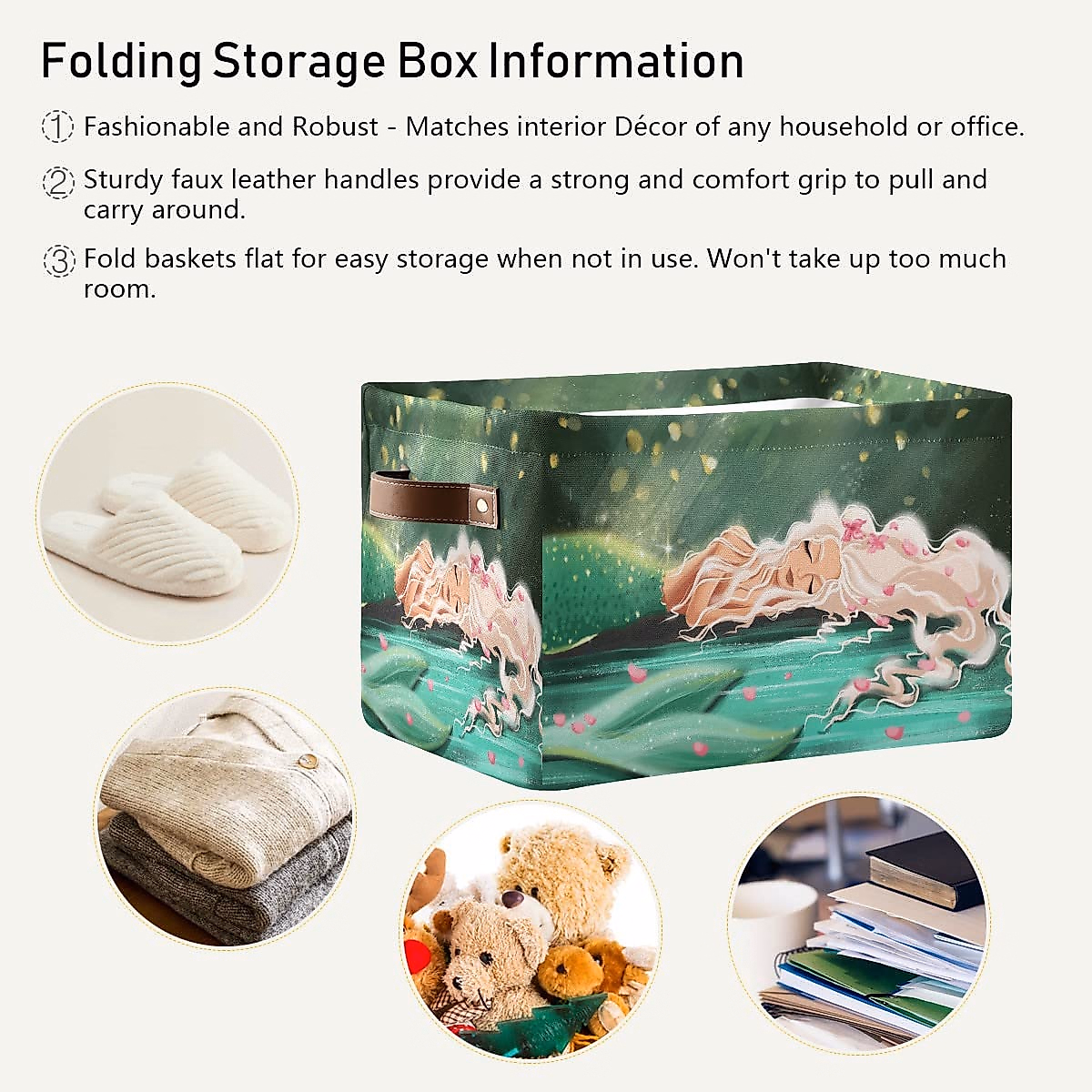 Mermaid Rectangular Storage Basket Storage Bin Collapsible Storage Box with Leather Handles Storage Hamper Organizer for Cars