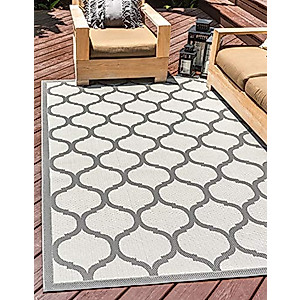 Unique Loom Outdoor Trellis Collection Area Rug - Moroccan (6' 1" x 9' Rectangle, Gray/ Silver)