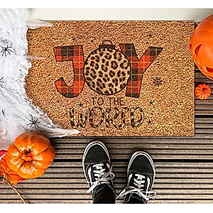 Joy to The World Coir Door Mat Merry and Bright Rug Buffalo Plaid Leopard Christmas Funny Thick Durable Non Slip Mat for Indoor Outdoor Porch Home Entryway 24x36in