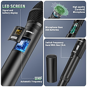 Wireless Microphone System Dual UHF Handheld Cordless Mic Set Work Range 180ft Dynamic Microphone with XLR & 1/4 inch Jack for Church Karaoke Machine Speech Wedding Party Singing