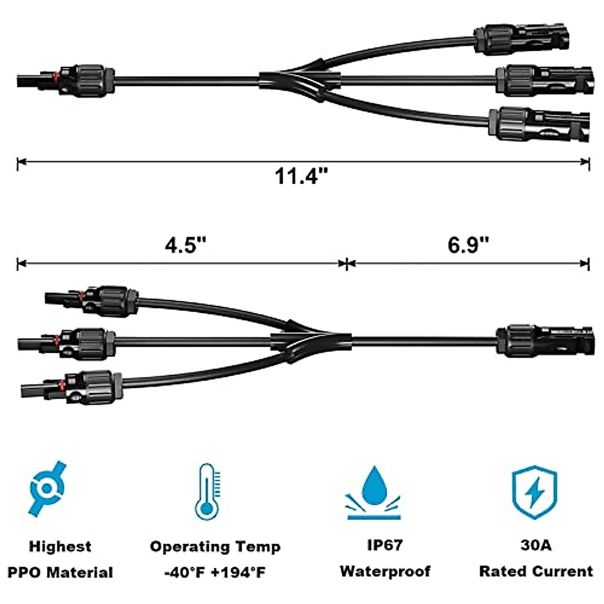 PFCTART Y Branch Solar Wiring Connector Plug, Panel Splitter Connectors and Wires Accessories Charge Controller Kit Solar Cable for Combiner Box (12AWG 1 Pair M/FFF+F/MMM)