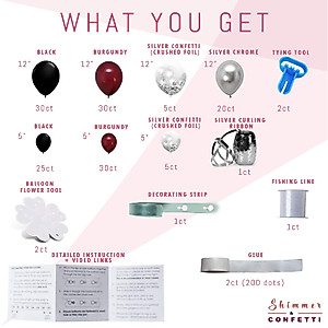 SHIMMER & CONFETTI 16ft Premium Burgundy, Black, Silver Balloon Arch Garland Kit - Graduation Balloon Arch Kit 2022 - Party Decoration for Bridal and Baby Shower, Wedding, Birthday, Gender Reveal