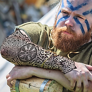 Tatodays temporary tattoo full arm stick on body art viking icelandic medieval celtic transfer for women and men cosplay halloween adult aegishjalmur temp tattoo tree of life wolfs fancy dress