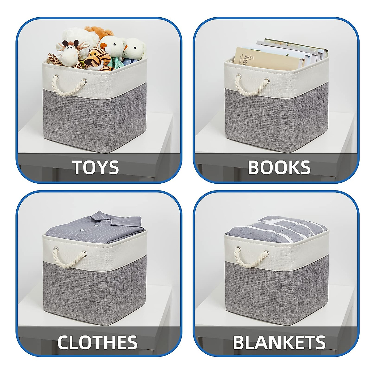 Temary Fabric Baskets Storage 12 Inch Storage Cubes Storage Baskets with Handle, Clothes Baskets for Gift, Large Baskets for Storage Toys, Books, Blankets (White&Gray)