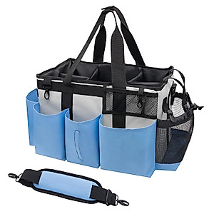 SCAVATA Large Wearable Cleaning Caddy Bag, Cleaning Supplies Organizer with Handles & Shoulder Straps for Housekeepers, Under Sink & Car Cleaning Tool Organizers Bags with Multiple Compartments (Blue)