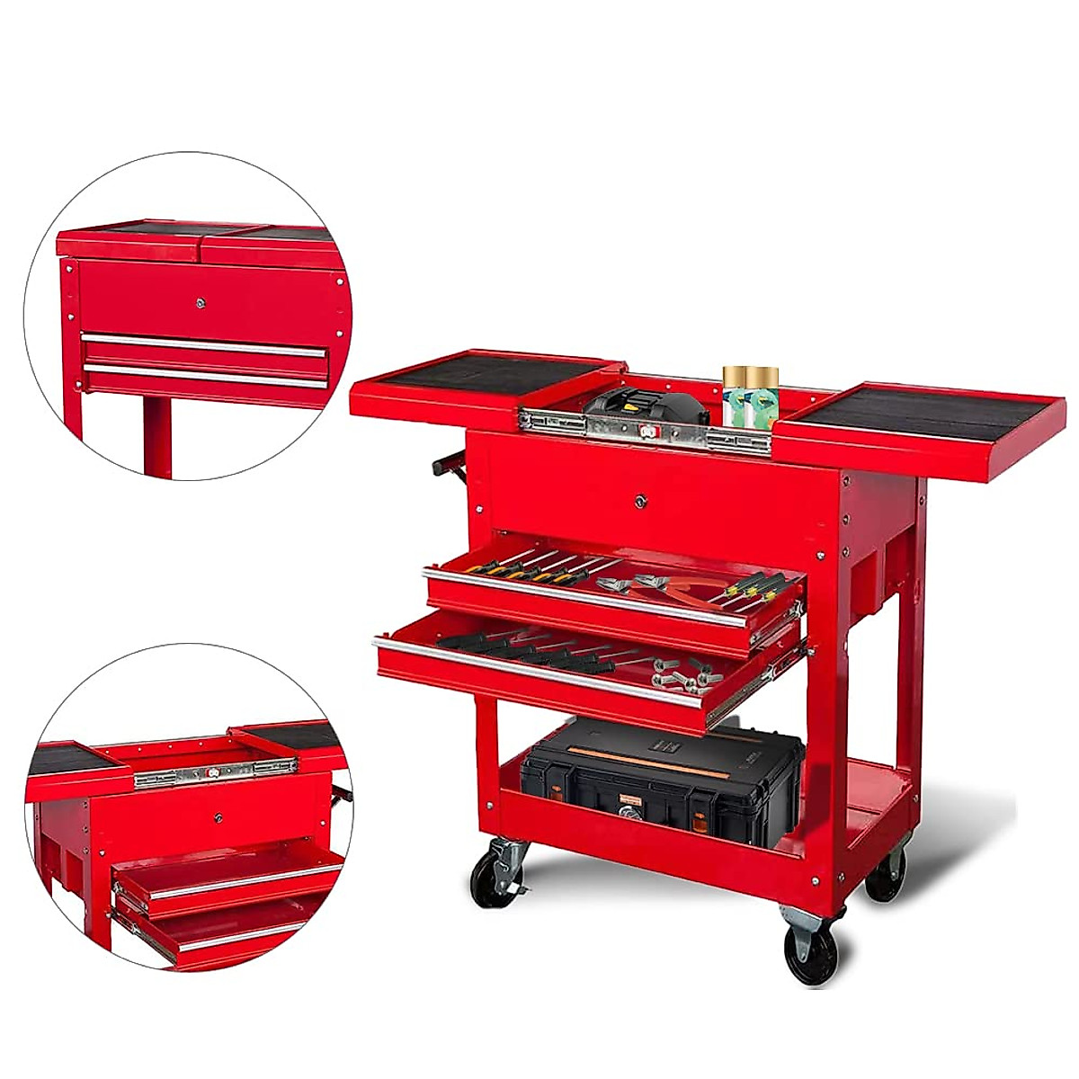 HPDMC Steel Tool Service Utility Push Cart with Lockable Drawers & Sliding Top, 27.8" L x 14.6" W x 32.7" H, 212 lbs Loading Capacity, 2-Drawer Garage Workshop Rolling Storage Tool Chest