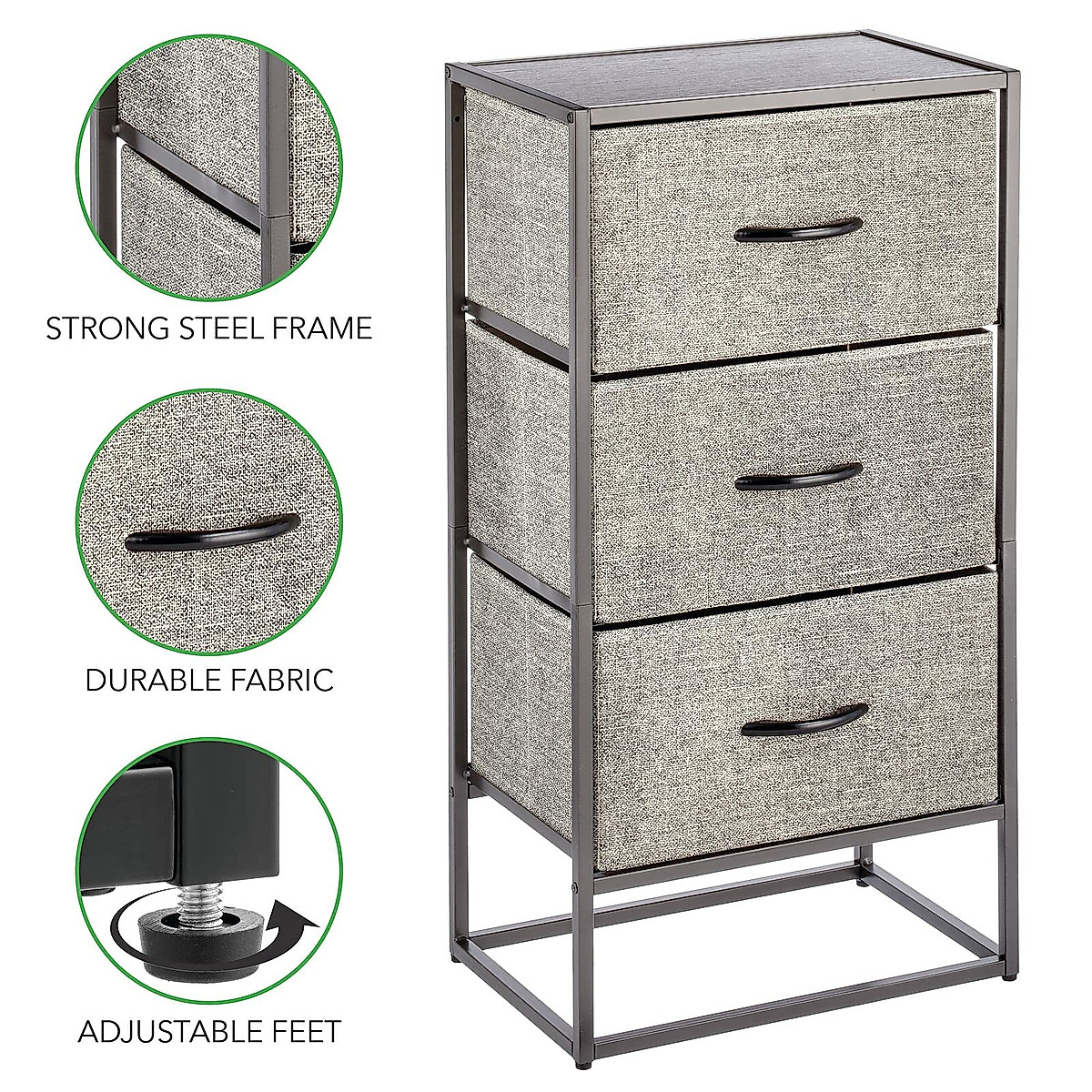 mDesign Modern 3-Drawer Dresser Storage Tower - Sturdy Steel Frame, Wood Top, Wood Handles/Fabric Bins - Organizer Unit for Bedroom, Hall, Entryway, Closets - Margot Collection - Black/Graphite Gray