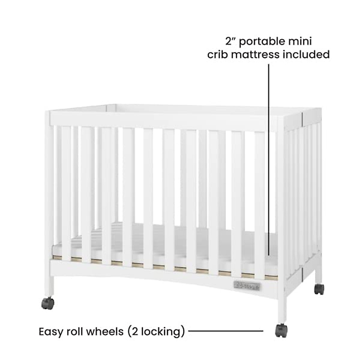 Child Craft London Mini Compact Folding Portable Crib with 2” Crib Mattress and 2 Easy Roll Locking Wheels, Durable Pine Wood Construction (Matte White)