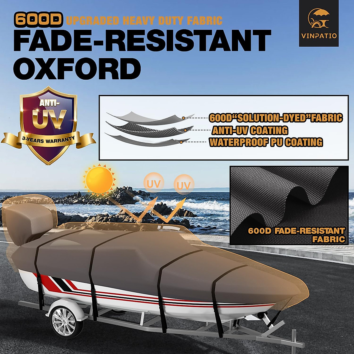 VINPATIO Trailerable Boat Cover, 600D Solution-Dyed Bass Boat Cover, 14-16 ft Heavy Duty 100% Waterproof Boat Covers Fits V-Hull Runabout Fishing Ski Pro-Style Bass Boats, Beam Width up to 68"