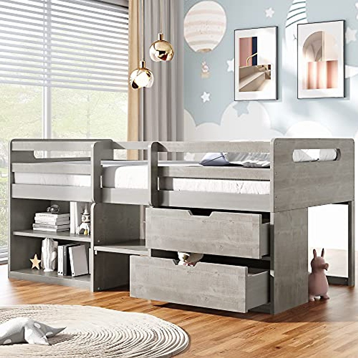 RORIGAT Twin Size Loft Bed with Two Shelves and Two Drawers, Wood Low Loft Bed Frame for Space Saving,Antique Gray
