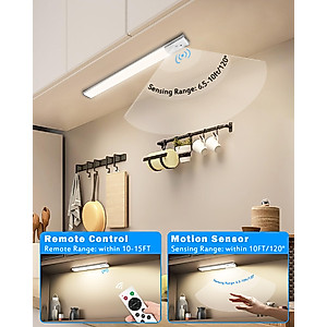 LAJOSO 64 LED Under Cabinet Lights Motion Sensor, 3 Color Kitchen Counter Lighting Wireless, Rechargeable Closet Lights Remote, Dimmable Night Light for Shelf Pantry Stair Hallway 3Pack
