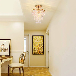 FRIXCHUR Mini Size Crystal Chandelier Modern Flush Mount Ceiling Light 3 Tiers Raindrops Crystal Pendant Lighting Fixture Decoration for Bedroom Hallway Living Room,E26 Base,Gold