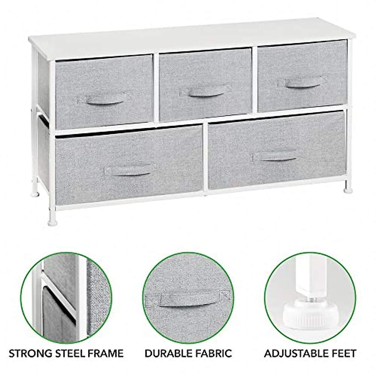 mDesign 21.65" High Steel Frame/Wood Top Storage Dresser Furniture Unit with 5 Removable Fabric Drawers - Wide Bureau Organizer for Bedroom, Living Room, Closet - Lido Collection, Gray