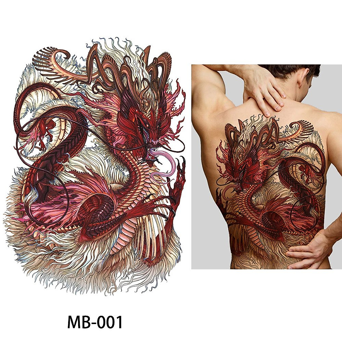 Glaryyears Super Large Full Back Covered Temporary Tattoo, 3 Pack Big Fake Realistic Tattoos Stickers for Adults Women Men, Scary Fierce Dragon Tiger Design