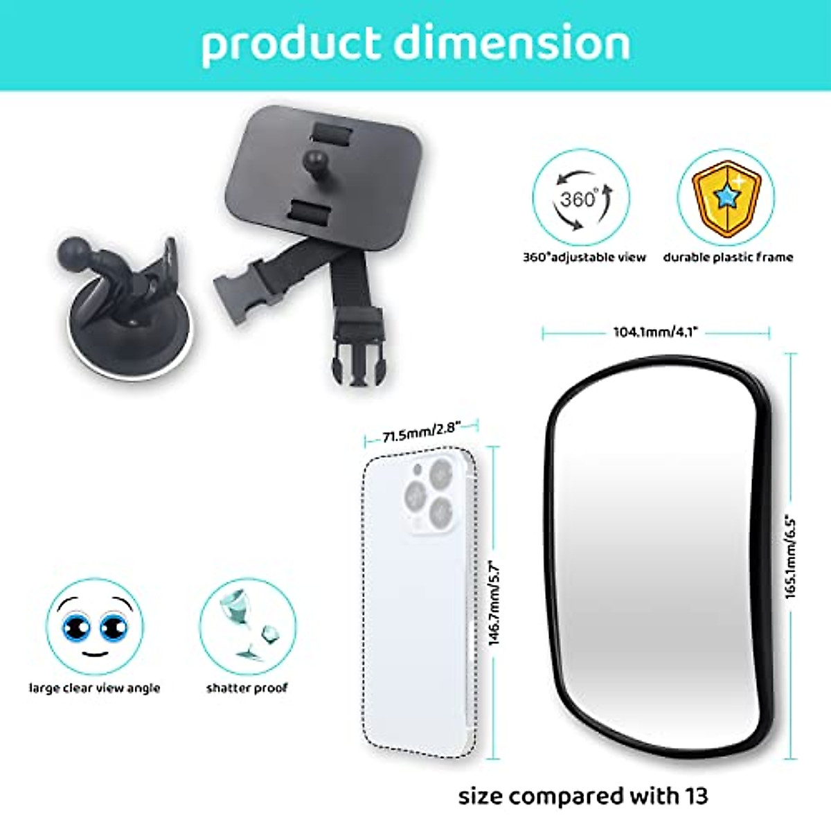 KINSEI Baby Car Mirror - Rear View Baby Car Back Seat Mirror - Child Observation Mirror Wide Convex and Shatterproof - 2 way of Connection Suitable for both Rear-facing and Forward-facing