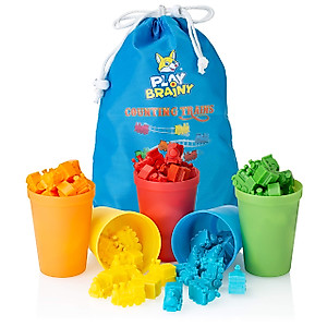 Play Brainy™ Colorful Counting Trains and Cups – Fun Educational Sorting Trains with Color Sorting Cups – Educational Montessori Toy for Toddlers & Children – 50 Count Trains, 5 Colored Cups, & Bag