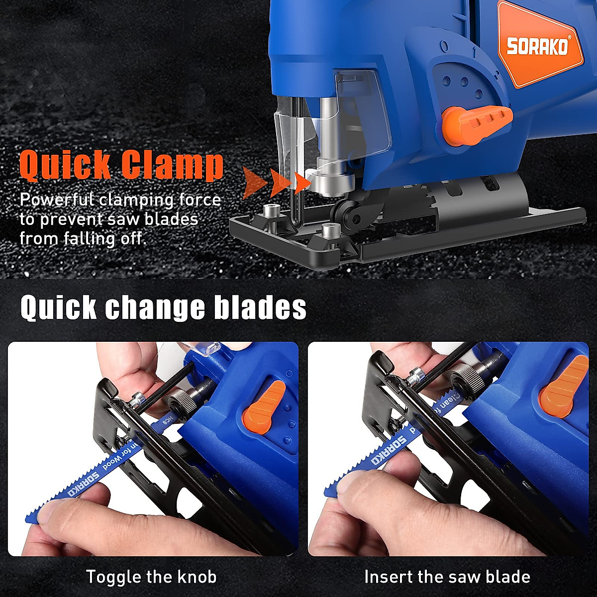 SORAKO Jigsaw, 5.0Amp Jig Saw Tool Corded Electric Power Cutter,800-3000 SPM Jig Saw, 6 Variable Speed, 0°-45° Bevel Cutting, 4 Orbital Sets, for Woodworking with 2PCS Blades & Scale Ruler