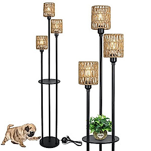 Stepeak Boho Floor Lamp, 3-Lights Rattan Floor Lamp with Shelves, Farmhouse Floor Lamp with ON/OFF Foot Switch, Rustic Standing Lamp with Rattan Shades, Tall Floor Lamps for Living Room Bedroom Office