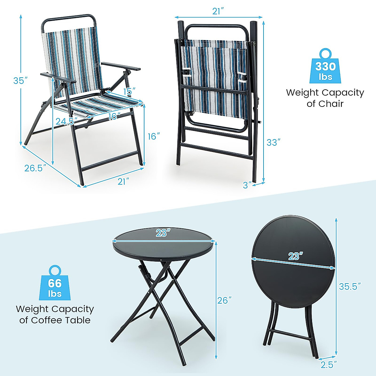 Giantex 3 Pcs Patio Bistro Set, Folding Table and Chairs Set, Metal Outdoor Dining Set with 2 Chairs, Glass Round Side Table, Conversation Furniture Set for Yard Porch Deck Backyard