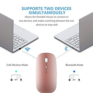 QIJIAYI 2.4GHz Wireless Bluetooth Mouse,Dual Mode Slim Rechargeable Wireless Mouse Silent USB Mice, 3 Adjustable DPI,Compatible for Laptop Windows MacBook Android MAC PC Computer (Rose Gold)