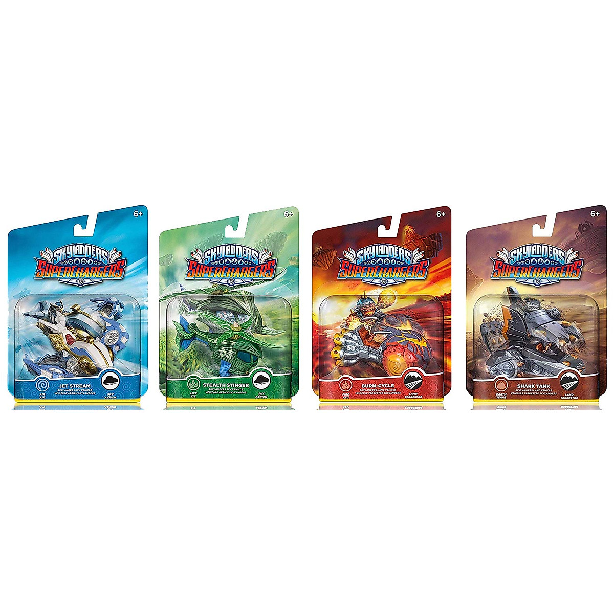 Skylanders SuperChargers Vehicle Character 4 Pack Bundle - Jet Stream , Stealth Stinger , Shark Tank , Burn Cycle - Air , Life , Earth , Fire Kit