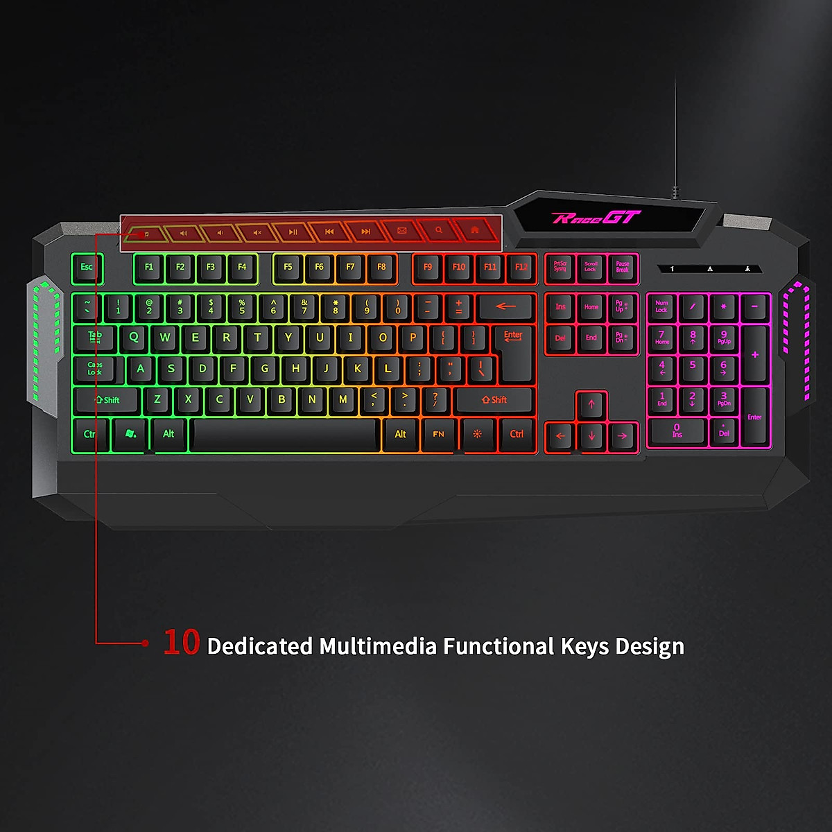 RaceGT Gaming Keyboard,114 Keys Full Size Wired LED Backlit with Dedicated Multimedia Keys Wrist Rest Mechanical Feeling Keybaord Compatible for Computer PC Laptop Xbox