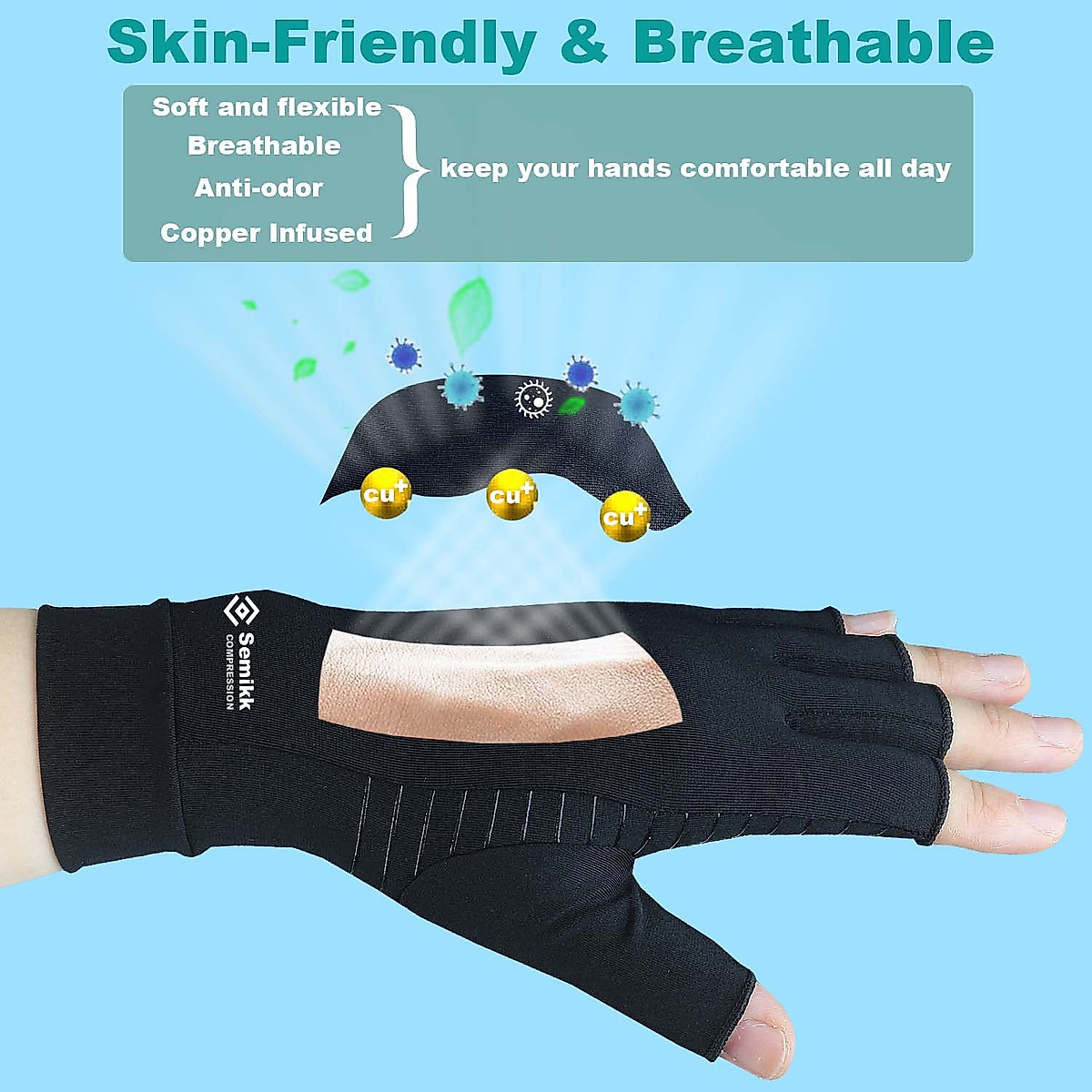 Semikk 2 Pair Compression Gloves for Women Men, Copper Arthritis Gloves for Rheumatoid Arthritis Osteoarthritis Carpal Tunnel