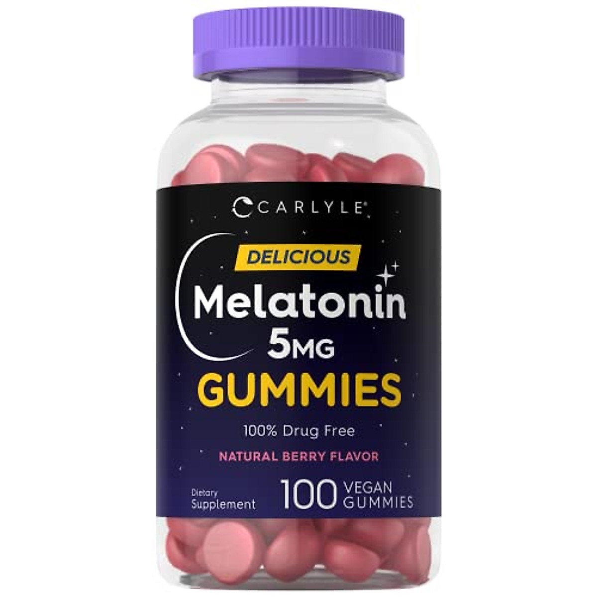 Carlyle Melatonin 5mg Gummies | 100 Count | 1 Gummy Per Serving | Natural Berry Flavor | 100% Drug Free | Non-GMO, Gluten Free Supplement