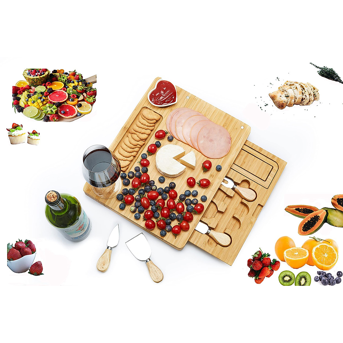 Itopfox Bamboo Cheese Board and Knife Set for Kitchen, Charcuterie Board with Drawer, Serving Tray, Charcuterie Platter Cutting Board Cheese Meat Fruit, Housewarming Wedding Birthday Christmas Gift