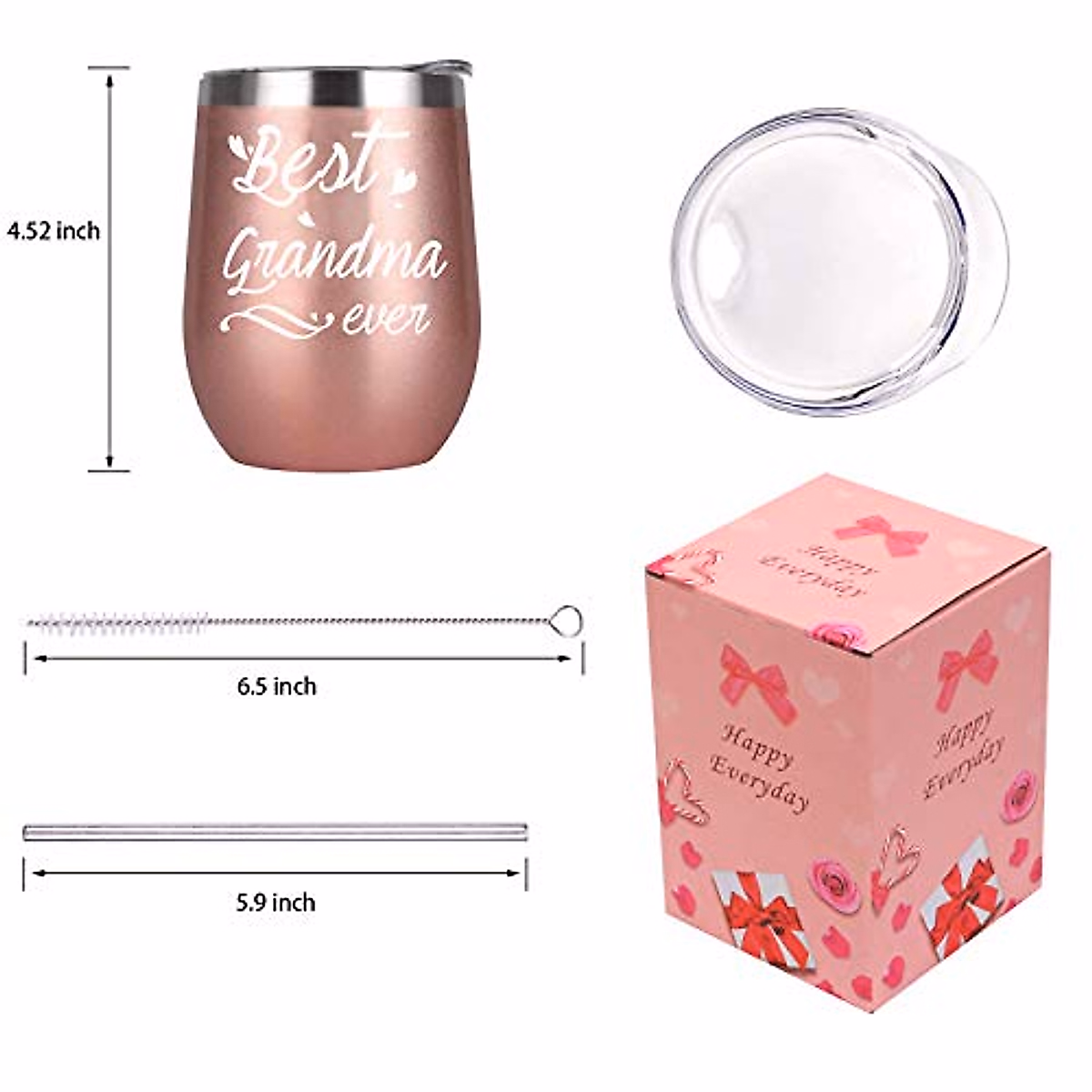 Best Grandma Ever Tumbler Best Grandma Tumbler with Straw Birthday Mothers Day Gifts for Grandma from Grandkids Grandson Granddaughter Grandma Wine Tumbler 12 Ounce with Gift Box Rose Gold