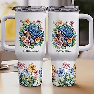 Tortoise Lover Personalized Tumbler 40oz With Handle & Straw - Stainless Steel Travel Coffee Cup With Lid - Cute Animal Gift For Women, Girls - Custom Name Birthday Holiday Gift Idea TNPLyL