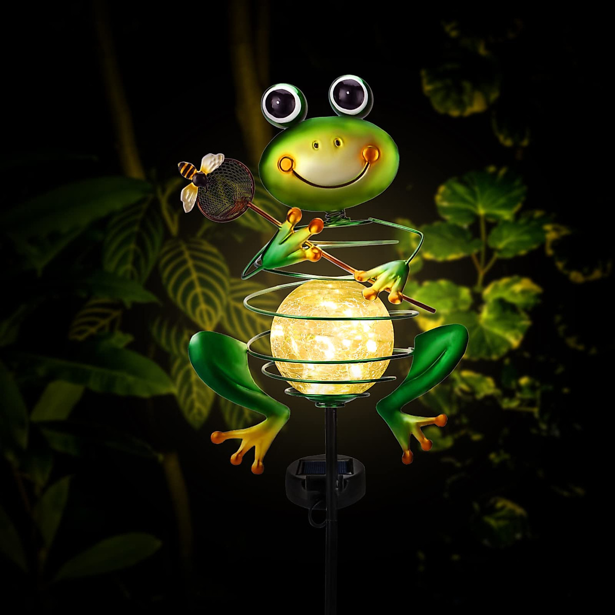 HEDAQI Frog Solar Garden Light, Metal Stake Light Crackle Glass Waterproof Globe Outdoor Decoration, Solar Power LED Light for Garden, Lawn, Patio, Pathway Decor