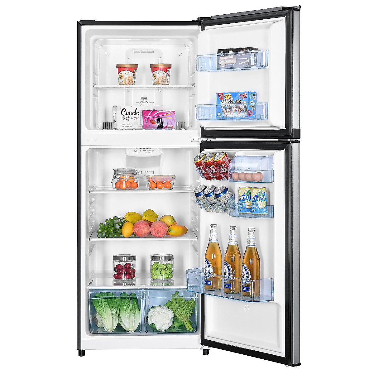 West Bend Apartment Refrigerator Freestanding Dual Door Design Fridge with Top Freezer, Adjustable Electronic Control and Frost Free Defrost, for Condo, House, Small Kitchen Use, 10.1 Cu.Ft, Metallic