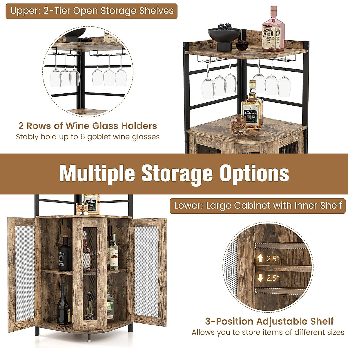 LOKO Corner Wine Bar Cabinet, Industrial Wine Cabinet with Metal Mesh Doors & Adjustable Shelf, Liquor Cabinet with Anti-toppling Device, Rustic Brown, 19 x 19 x 51 Inches (Taupe)