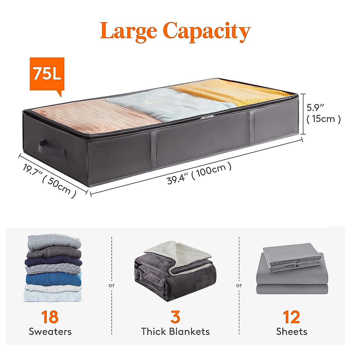 Lifewit 6 Packs 11 Inch Storage Cubes Foldable Fabric Bins and 6 Packs 75L Under Bed Storage Containers with Reinforced Handle Thick Fabric for Comforters, Blankets, Bedding, Grey