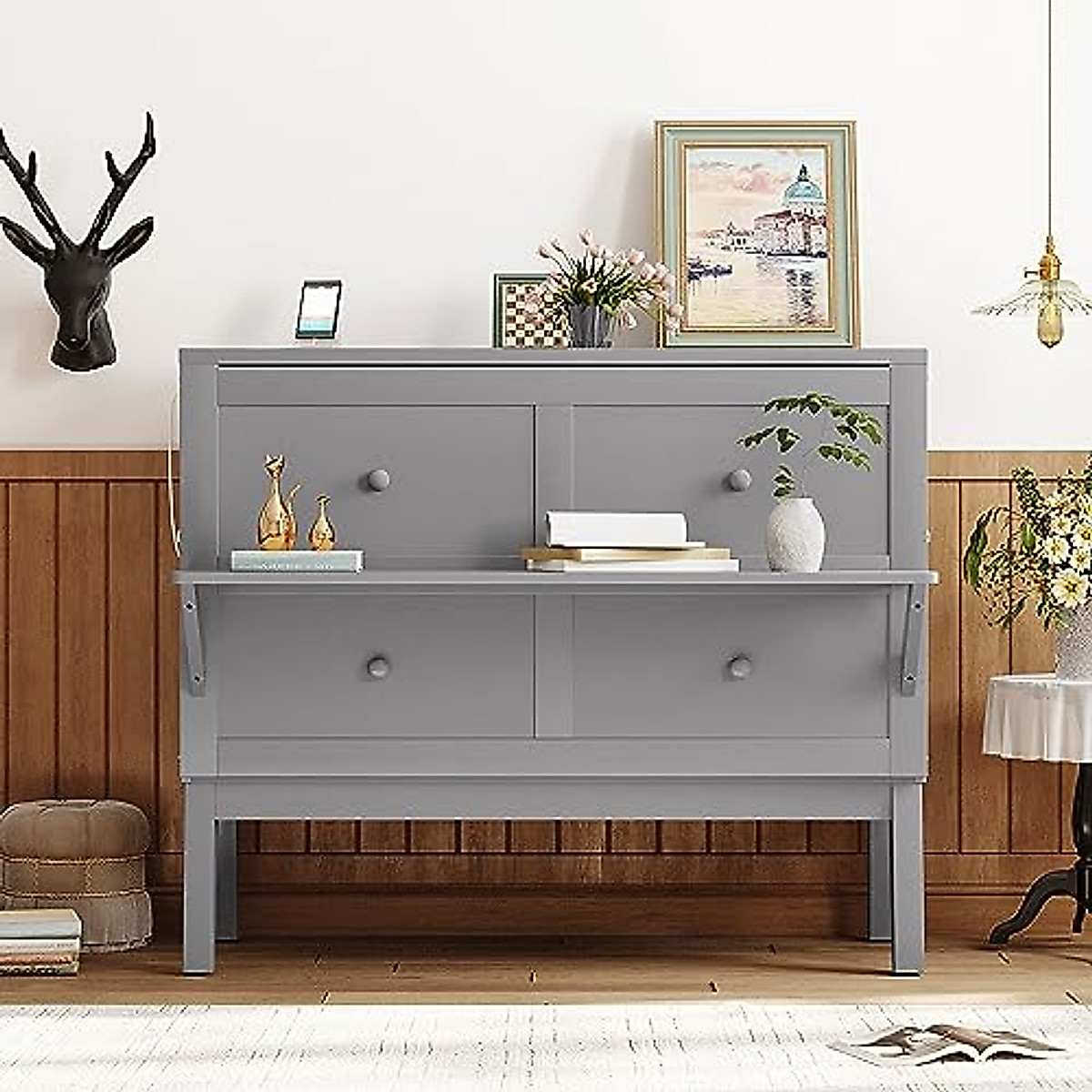 DEINPPA Murphy Bed Chest Full Size, Murphy Cube Cabinet Bed with Charging Station and Adjustable Shelves On Both Sides, for Small Spaces, Guest Room Lounge or Office, Apartment-Grey