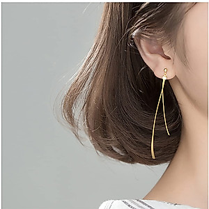 Reffeer Solid 925 Sterling Silver Tassel Chain Dangle Earrings for Women Teen Girls Long Dangle Drop Earrings Minimalist (B-18K Gold)