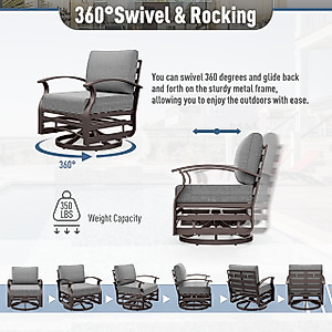 Kurapika 3 Pieces Patio Furniture Set, Outdoor Aluminum Swivel Gliders Rocker, Patio Bistro Set Rocking Chair with Thickened Cushions and Tempered Glass Side Table for Porch Garden Deck (Grey)