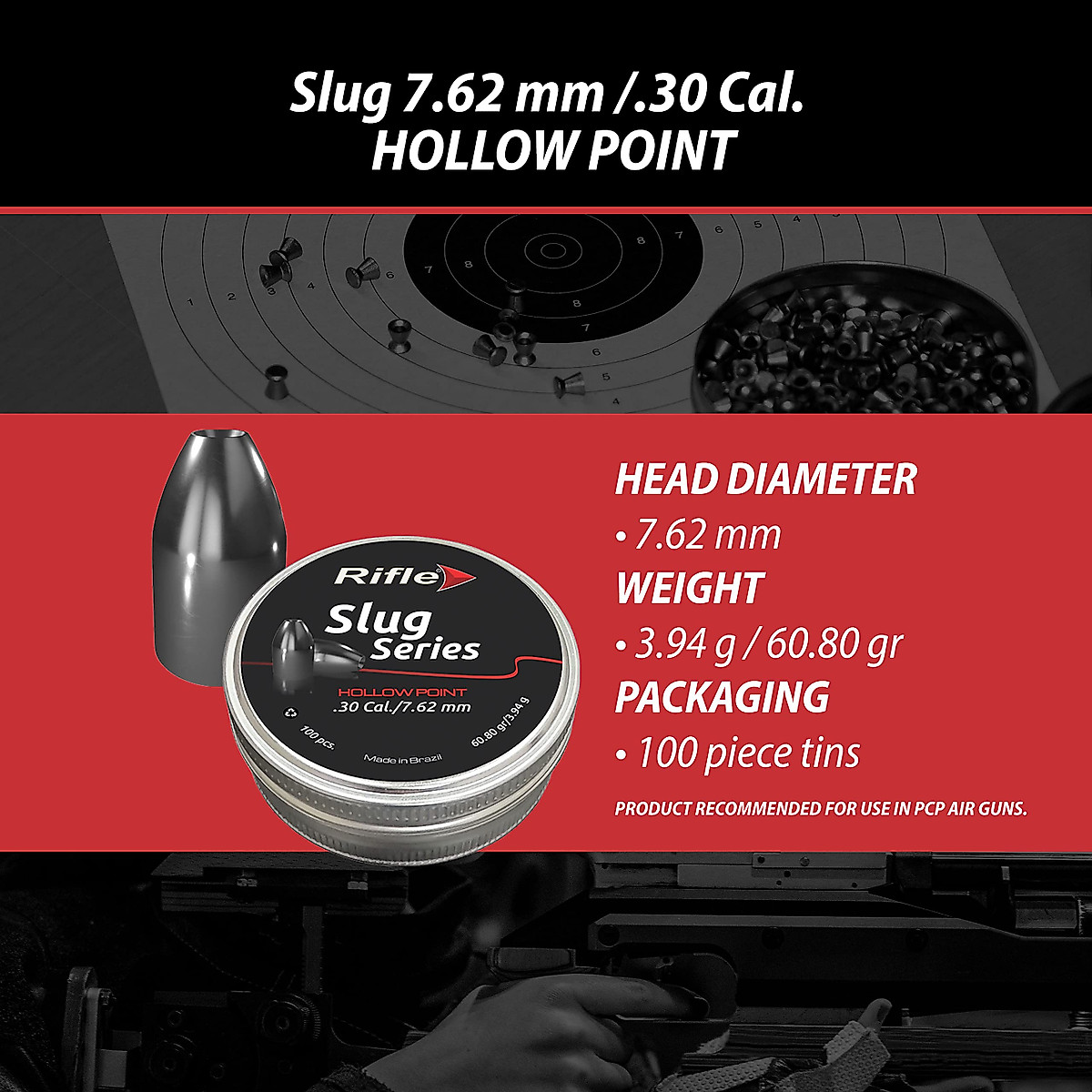 Rifle Hollow Point Slug Air Gun Pellets | .30 Caliber | 7.62 mm | 60.8 gr | Slug Designed for Target Shooting and Hunting | 100 Count