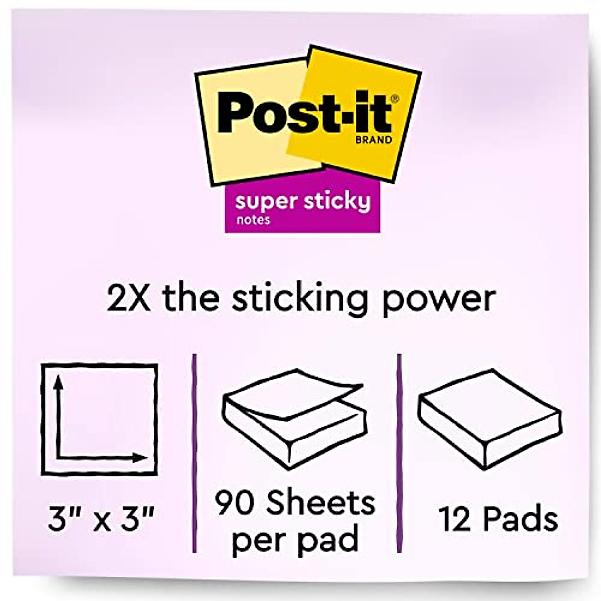 Post-it Notes Super Sticky Note Pads, 3"x3", 90 Sheet, Pack of 12, Canary Yellow (65412SSCY)