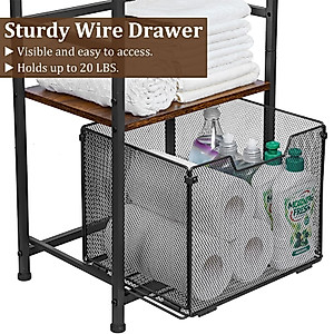 Jakyitvi 4-Tier Laundry Room Shelves with Storage Drawer, Adjustable-Shelf Storage Rack, Metal and Wood Industrial Unit Rack, Floor Standing Shelf for Narrow Space