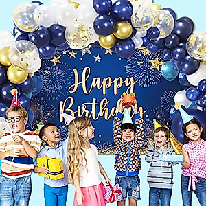 Rubfac Navy Blue Birthday Decorations 120pcs Navy Blue and Gold Balloon Garland with Happy Birthday Backdrop Banner Birthday Photo Backdrop Background for Birthday Party Decoration Supplies