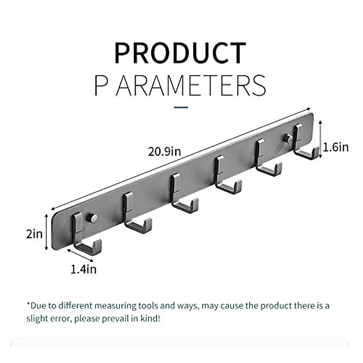 Durable Space Aluminum Metal Perforated and Adhesive Wall Mounted Coat Rack, 21 Inch, 6 Hooks, Heavy Duty Metal Coat Hook Rack Rail Hanger for Entryway, Kitchen, Gym, Wardrobe, Bedroom, Bathroom