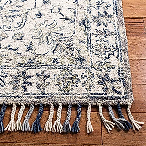 SAFAVIEH Aspen Collection Accent Rug - 4' x 6', Ivory & Blue, Handmade Boho Braided Tassel Wool, Ideal for High Traffic Areas in Entryway, Living Room, Bedroom (APN125A)