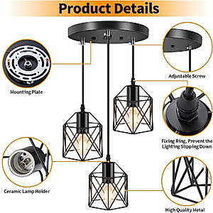 Licperron Industrial 3-Light Pendant Light, Adjustable Kitchen Hanging Ceiling Light Fixtures with Metal Cage, Black Farmhouse Pendant Lighting for Kitchen Island Dining Room Hallway, E26 Base
