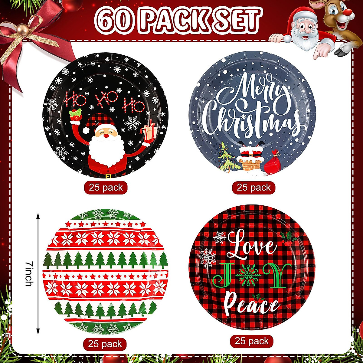 Sunnyray 100 Pack Christmas Paper Plates Christmas Party Plates 9 Inch, Plaid Disposable Dinner favors for Xmas Holiday Party Supplies
