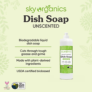 Dish Soap by Sky Organics (16 fl oz x 2 Pack) USDA Bio-Based Unscented Plant-Based Liquid Grease Cutting Soap, Cruelty-Free, Biodegradable Formula