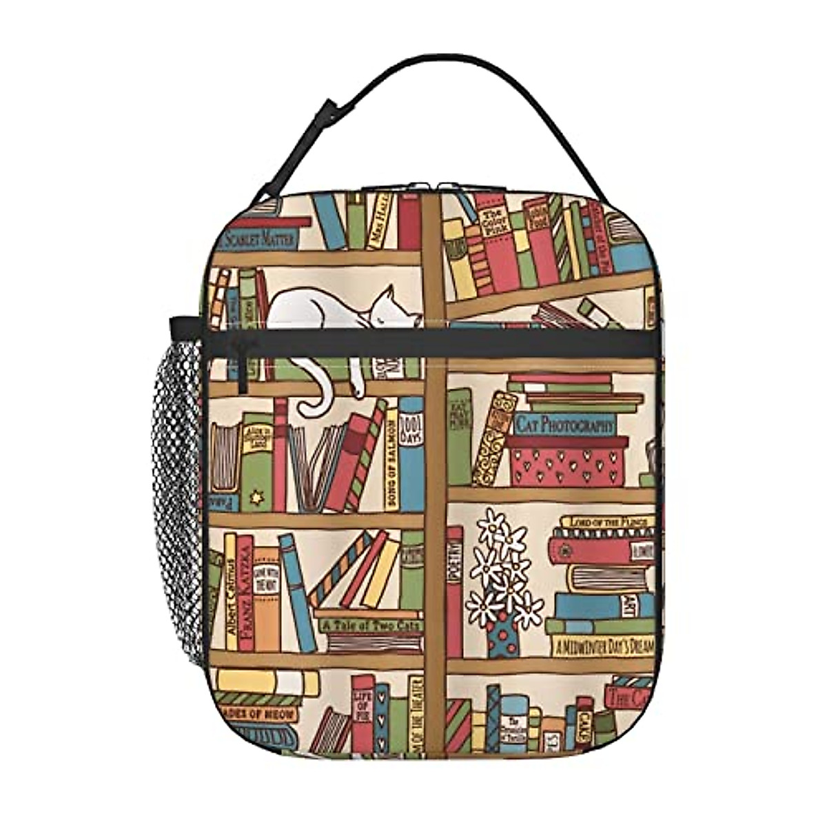 Lizinna Nerd Book Lover Kitty Sleeping Over Bookshelf Library Academics Feline Boho Design Reusable Lunch Bag