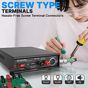 Pyramid Universal Compact Bench Power Supply- 12Amp Variable Linear Regulated Home Lab Benchtop AC-DC Power Converter - USB Port,Cigarette Lighter,115/230V AC,Screw Terminal,Cooling Fan - PSV150,Black