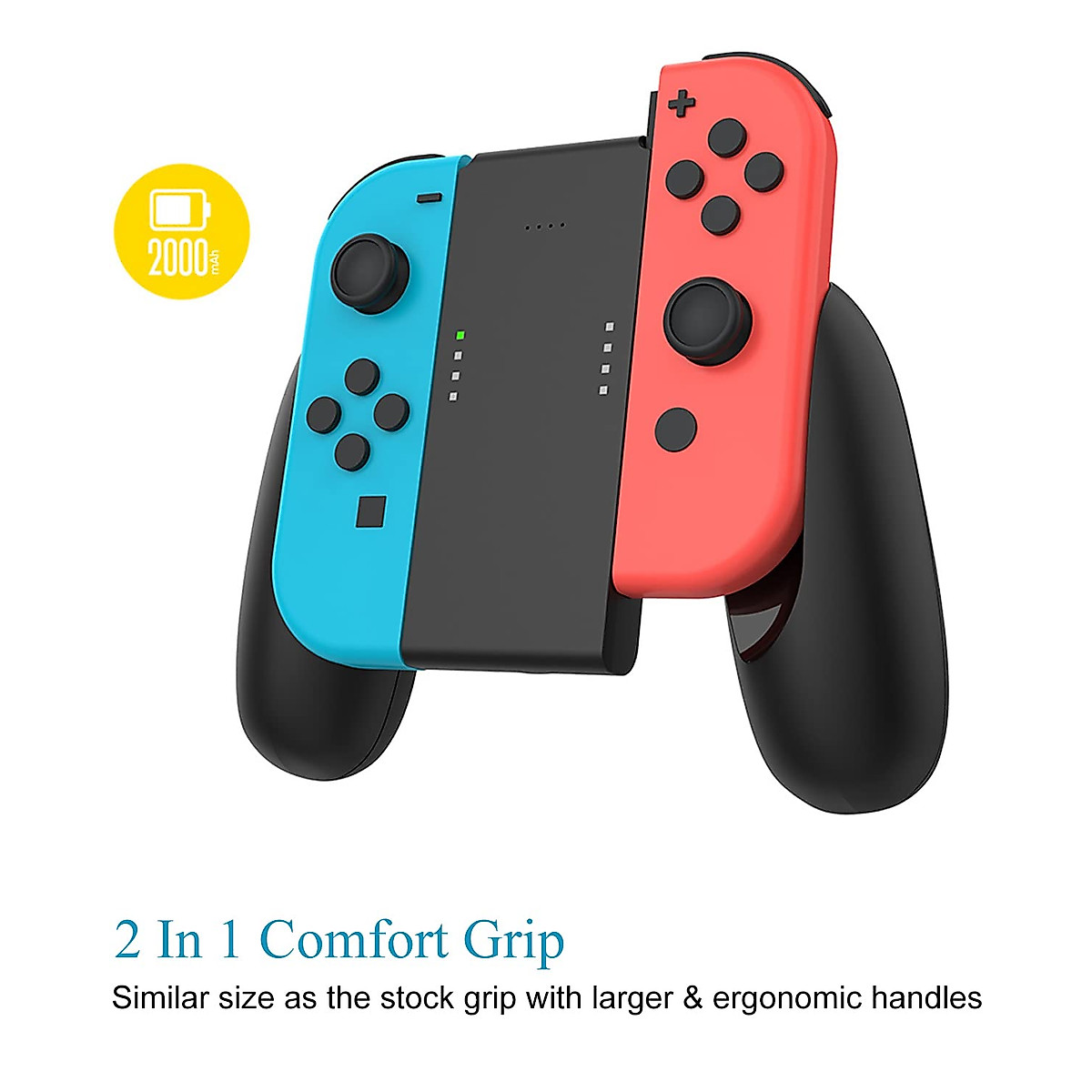 Kinvoca Charging Grip with 2000mAh Battery, 2-in-1 Comfort Grip for Nintendo Switch Controller, Controller Charger with 32in USB-C Cable, Power & Charge Indicators, Overcharge Protection